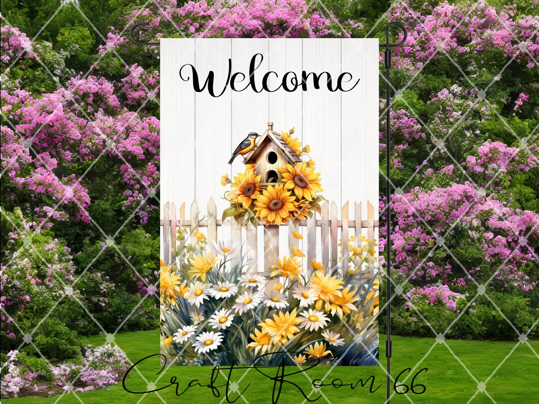 Bird House Welcome Decorative Garden Flagfloral Fence Yellow ...