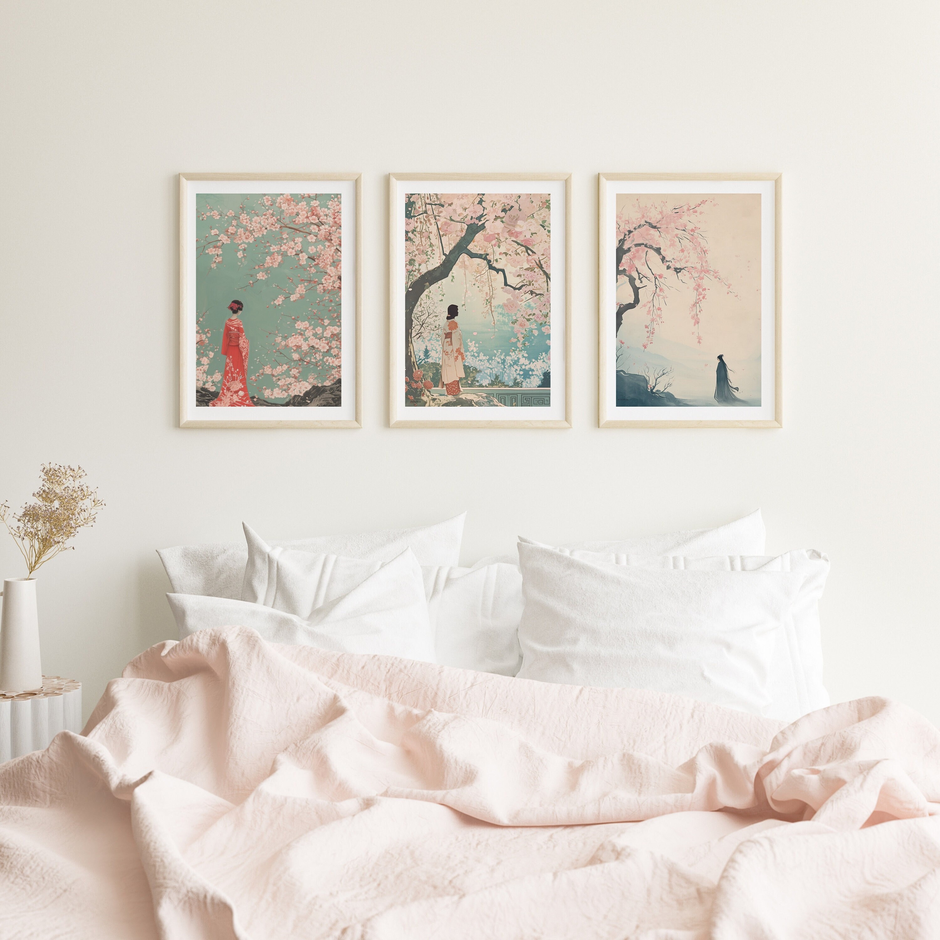 Set of 3 Gift Japanese Style Wall Art Sakura Poster Retro Wall Art ...
