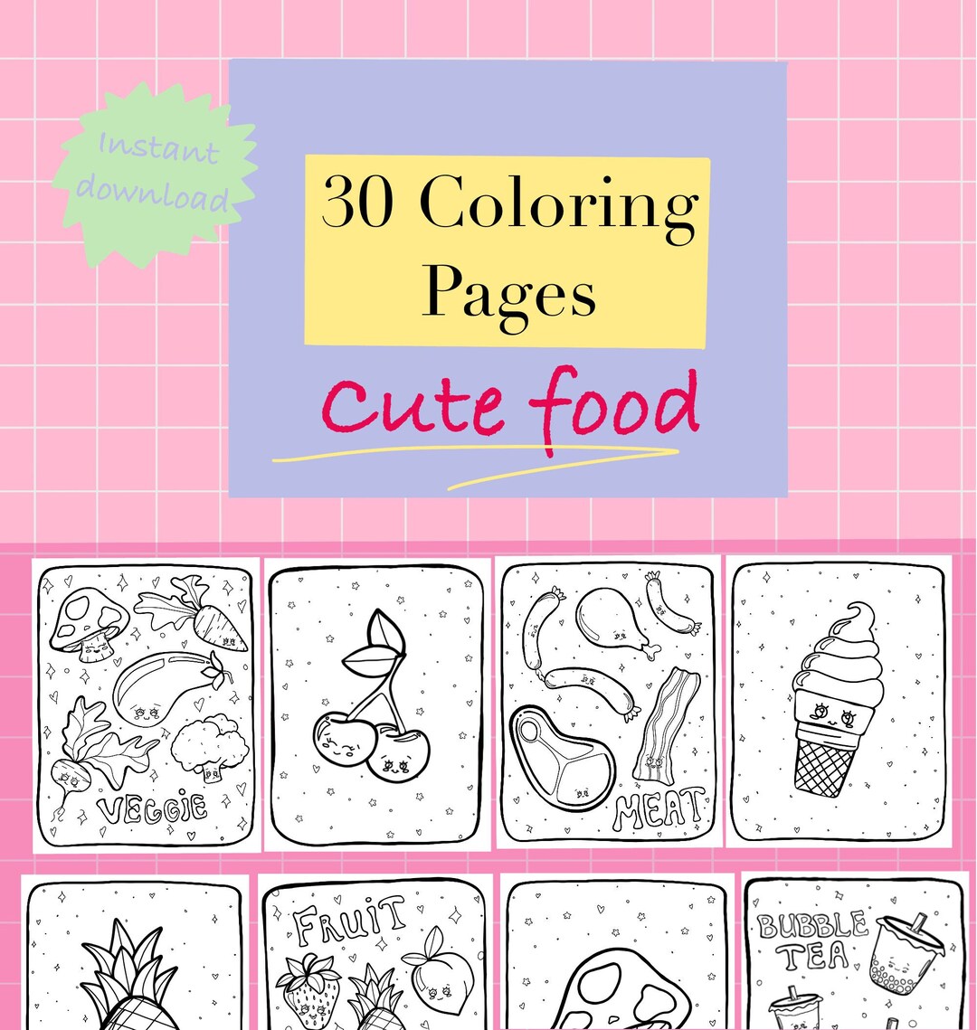 30 Cute Food Coloring Pages | Digital Download Coloring Book | Kawaii ...
