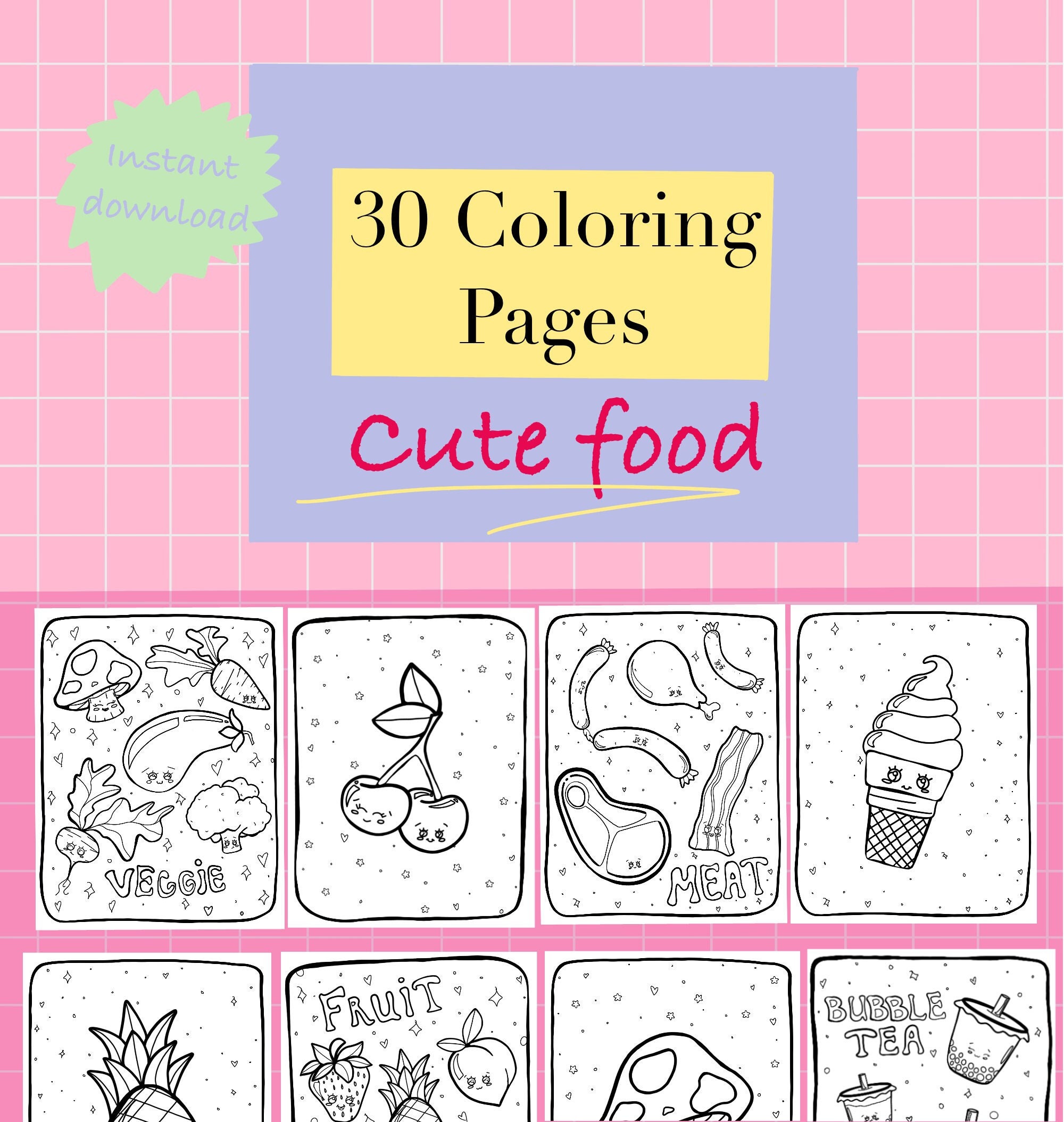 30 Cute Food Coloring Pages | Digital Download Coloring Book | Kawaii ...
