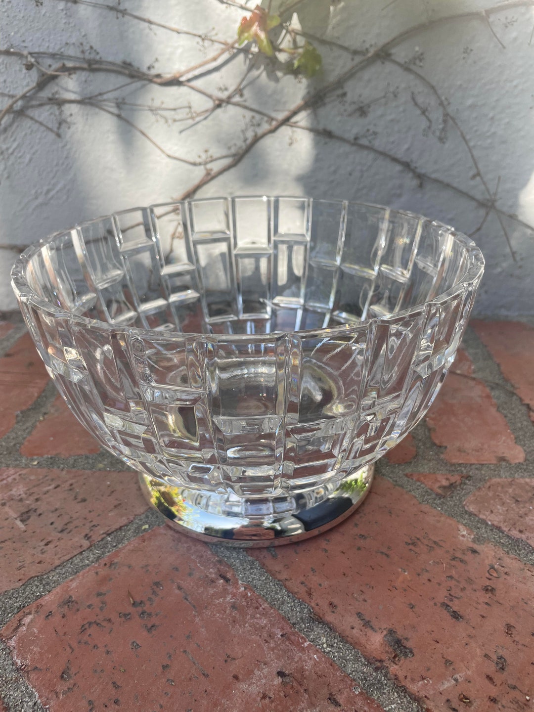 Vintage Lead Crystal Block Pattern Bowl Silver Plated Base Table ...