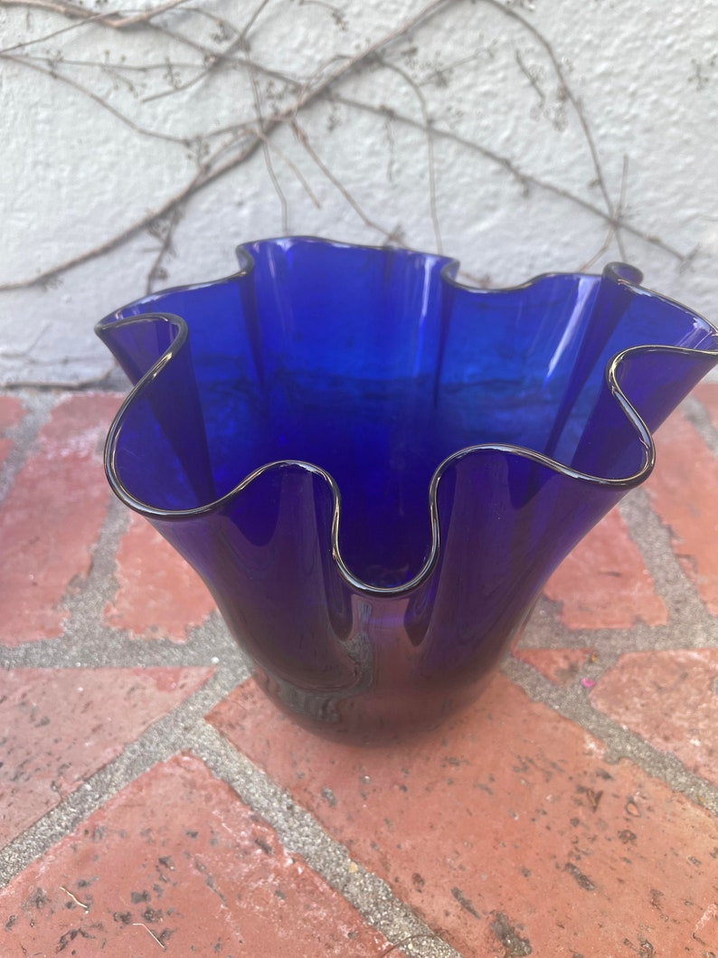 Pair of 2 Vintage Cobalt Blue Glass Handkerchief Vases Vintage Rim Vase Tall Blue Swirl Glass ...