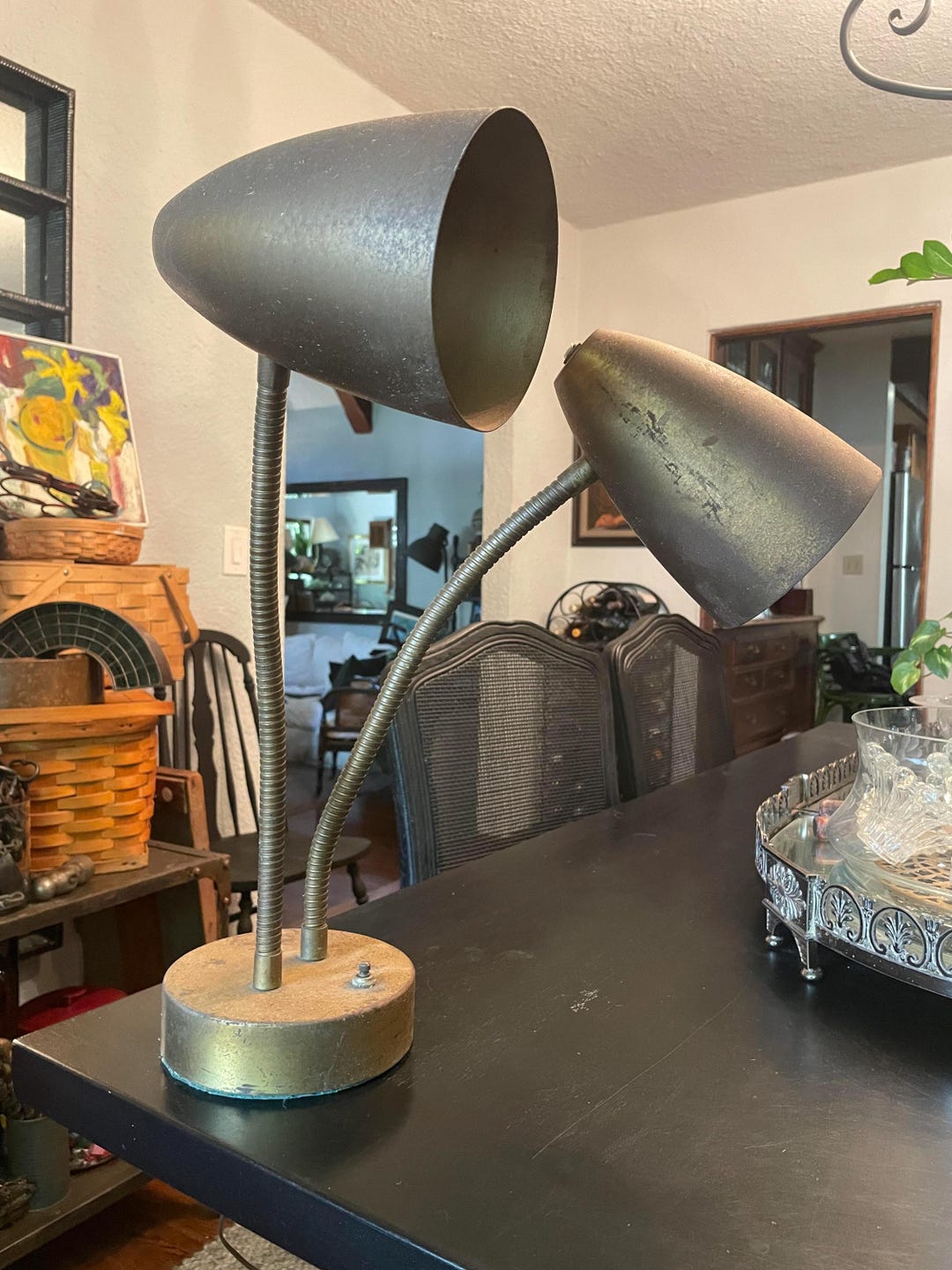 Vtg Mid Century Atomic Cone Head Twin Metal Gooseneck Desk Table Lamp ...