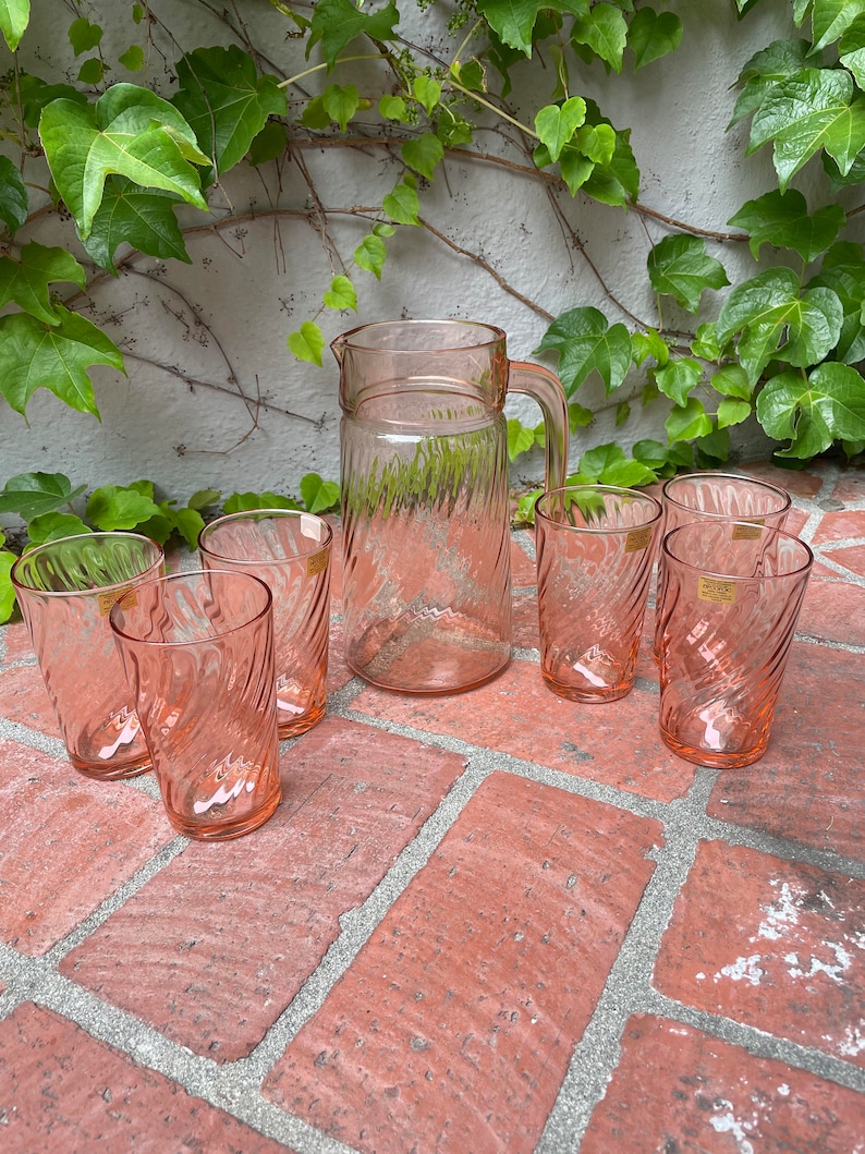 Vintage 7 Piece Rosealine Set of Pitcher and 6 Glasses From France ...