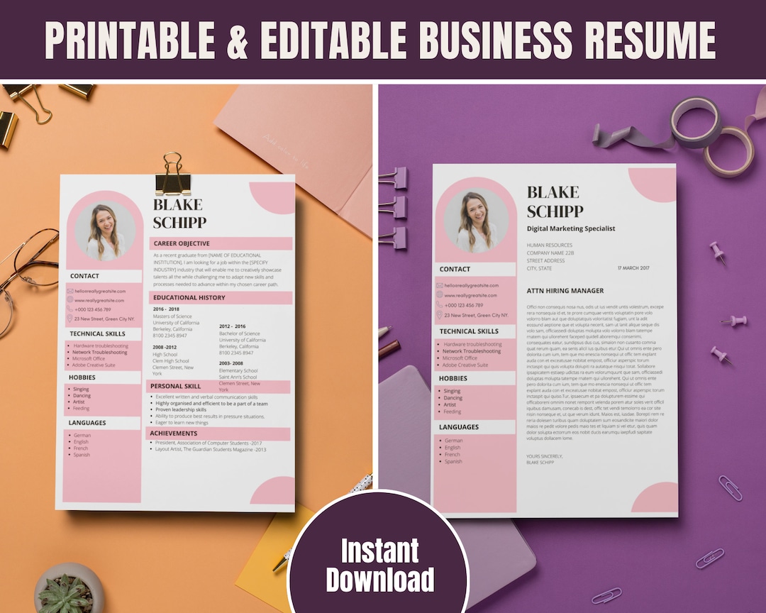 Pink and White Resume Template, Cv Template, Professional Resume, Cover ...