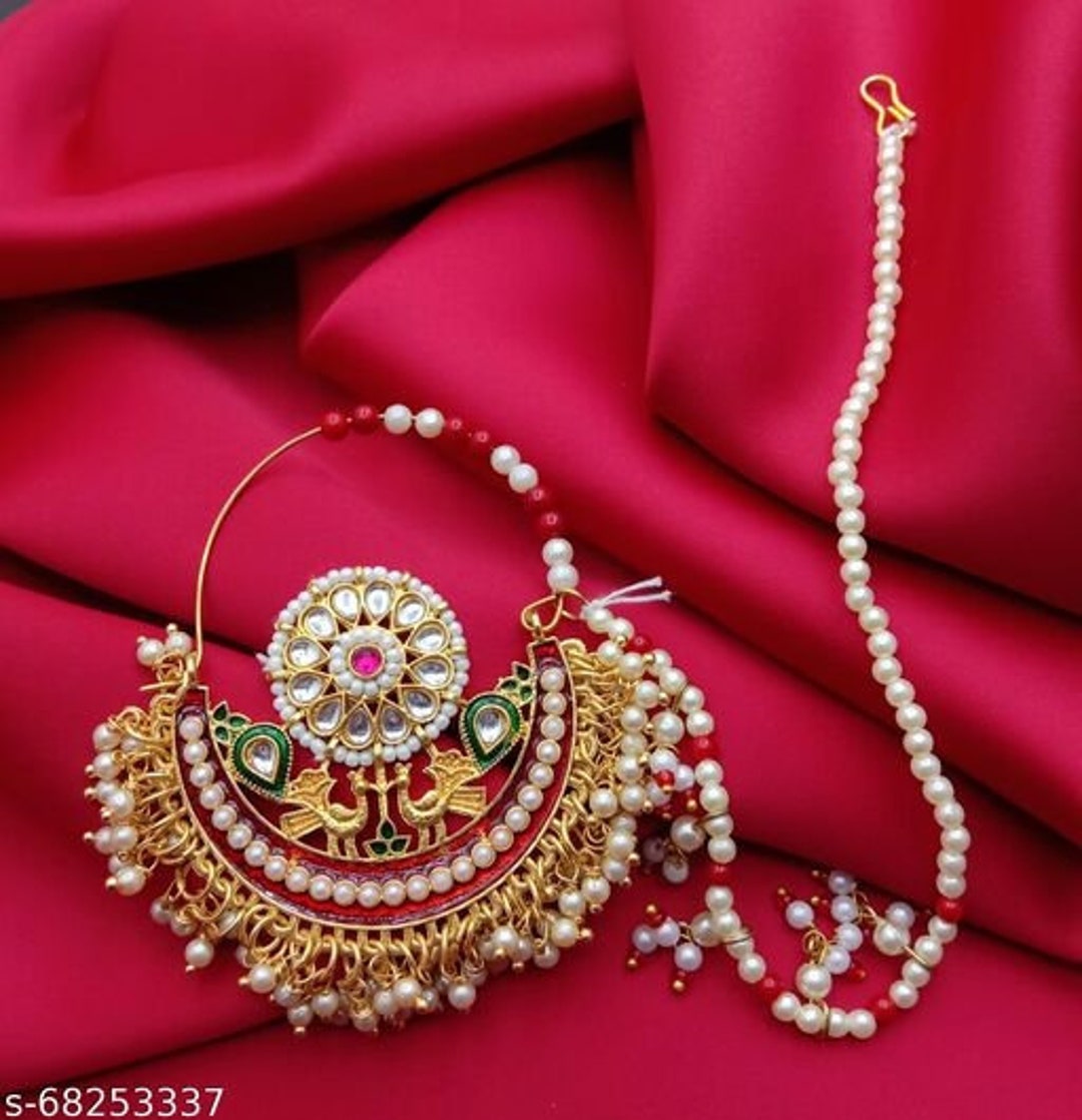 Indian Nose Ring/beaded Nath With Chain/golden Nose Ring/panjabi ...