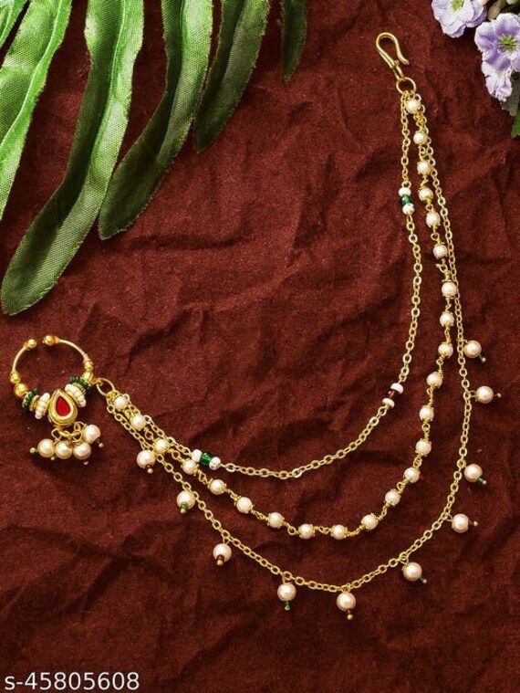 Indian Nose Ring/Beaded Nath With Chain/Golden Nose, 52% OFF