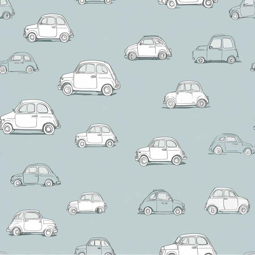 SAMPLE ONLY Wallpaper With Cars in Pastel Blue and White, Mid-century ...