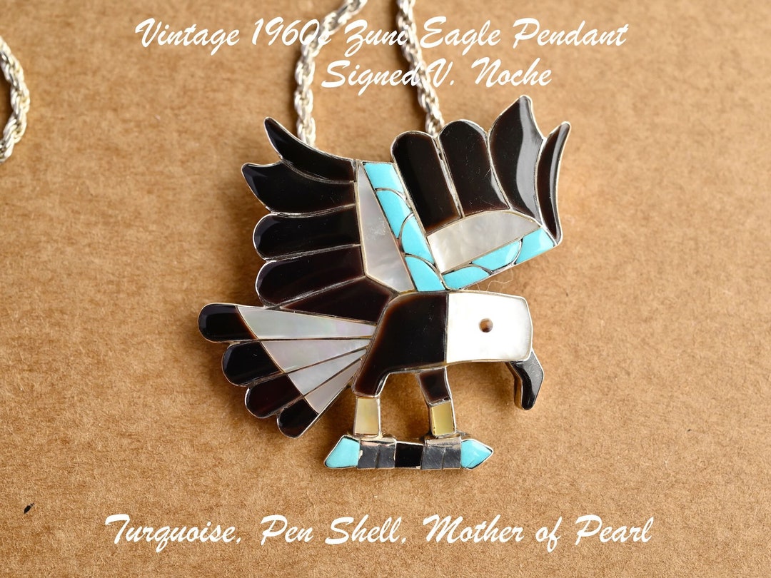 Vintage Zuni Eagle Pendant: Turquoise, Mother of Pearl Inlay, Signed V ...