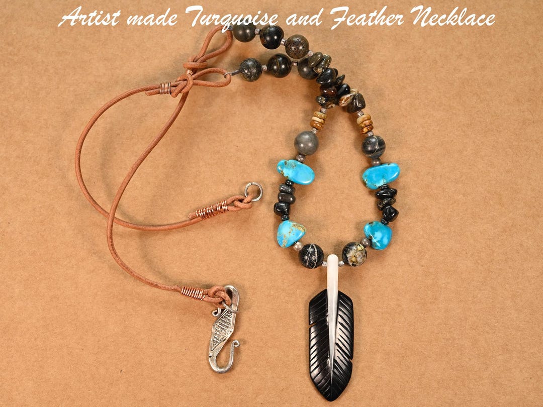 Jet & Quartz Feather Necklace: Tortoise Turquoise, Nacozari Beads ...