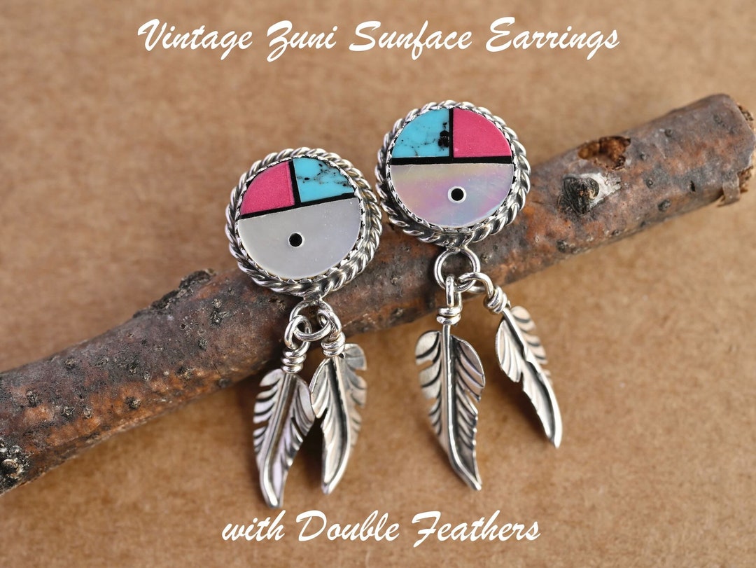 Vintage 1960s/70s Native American Sunface Inlay Earrings With Double Feathers, Zuni, Sterling ...