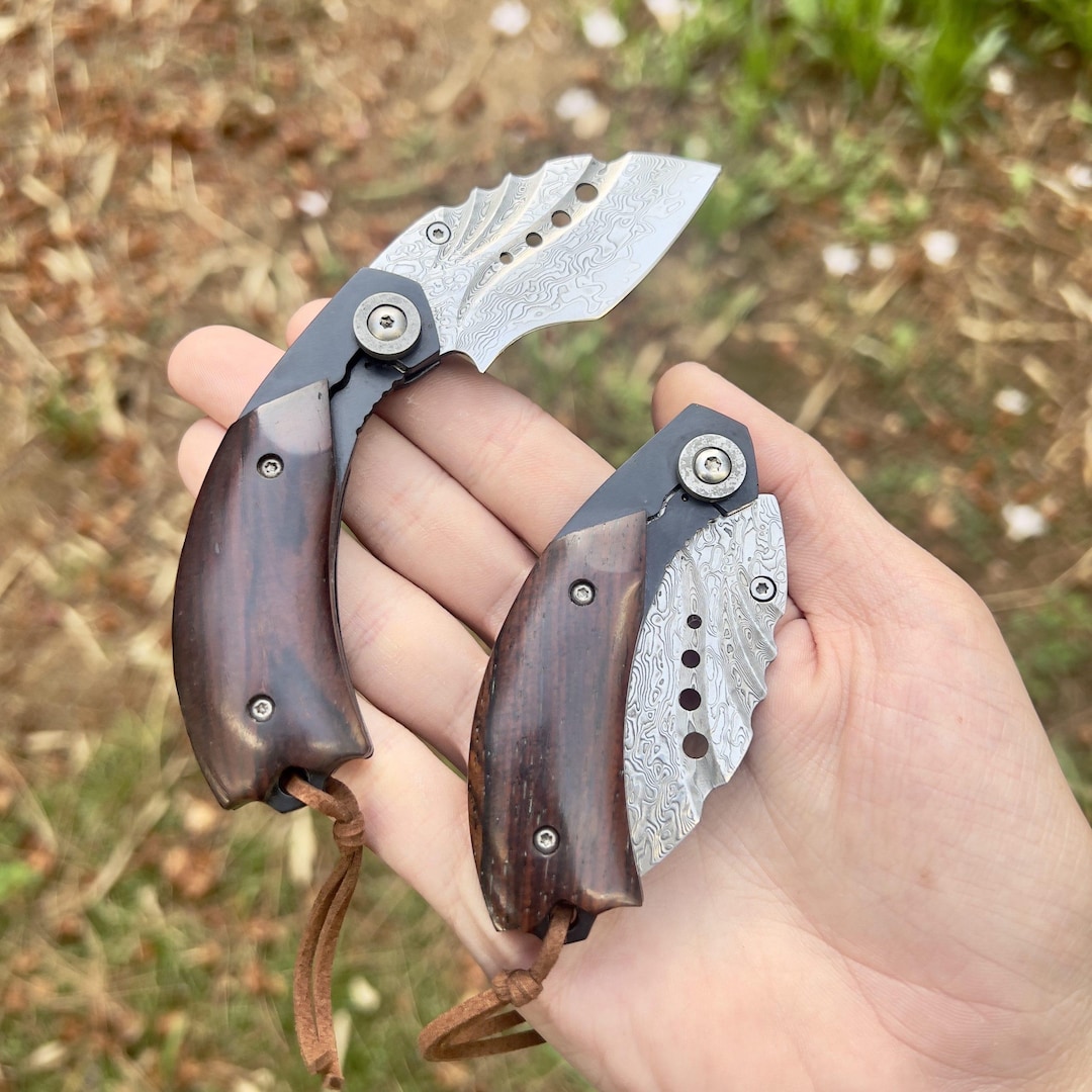 Small Handmade Karambit Folding Knife Suminagashi Damascus Steel Blade ...