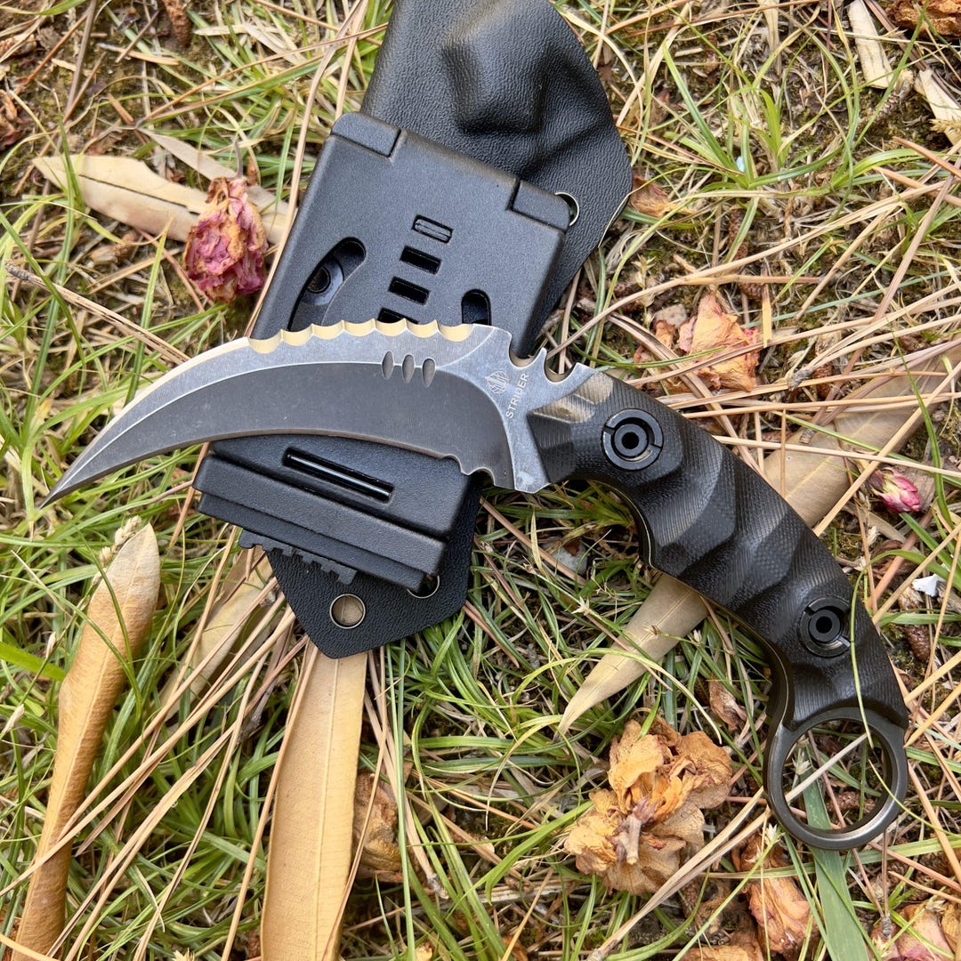 Karambit Knife Kydex Sheath Black Blade D2 Steel Claw Ring Knife ...