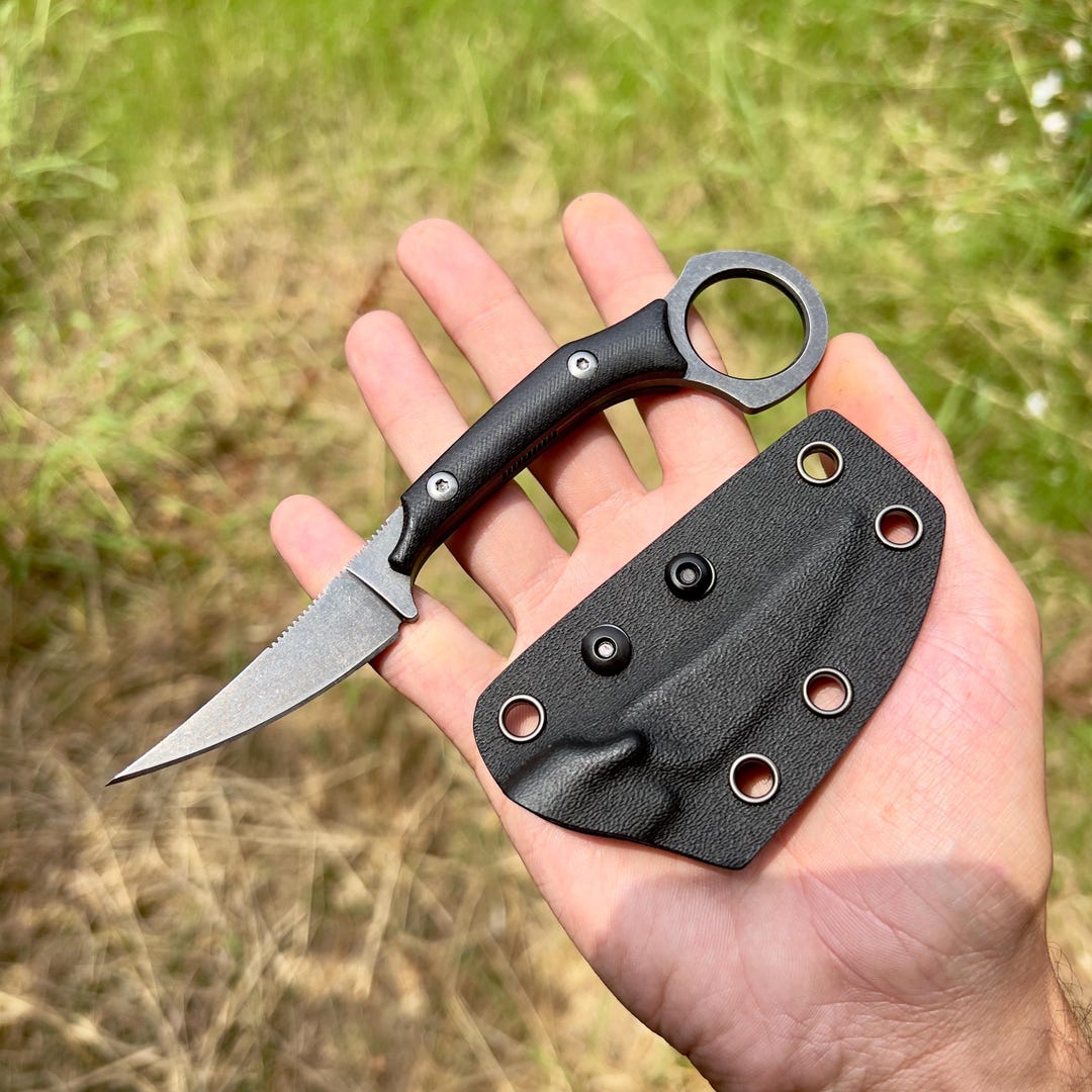 Karambit Ring Knife, Black Blade, Kydex Sheath, D2 Stonewashed Steel ...