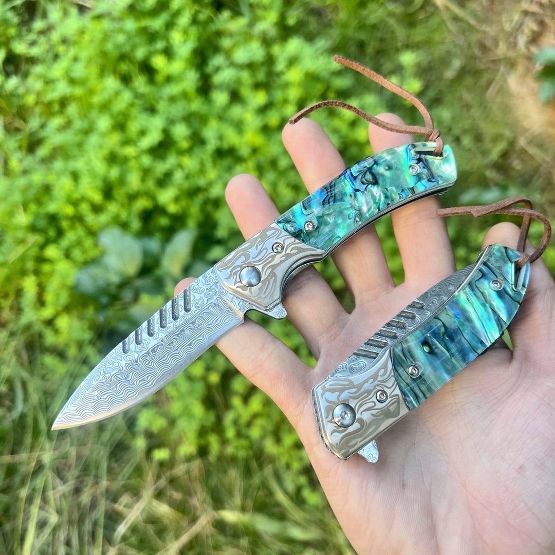 Small Folding Pocket Knife Damascus Steel Blade Luxury Abalone Mother ...