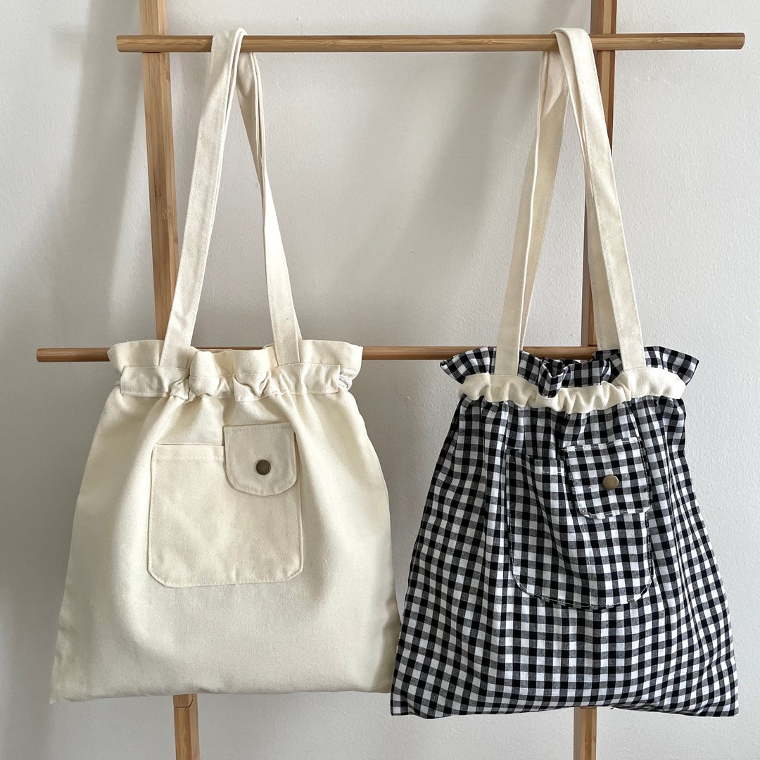 Drawstring Canvas and Plaid Tote Bags Beach Shoulder Bag Gift Cute ...