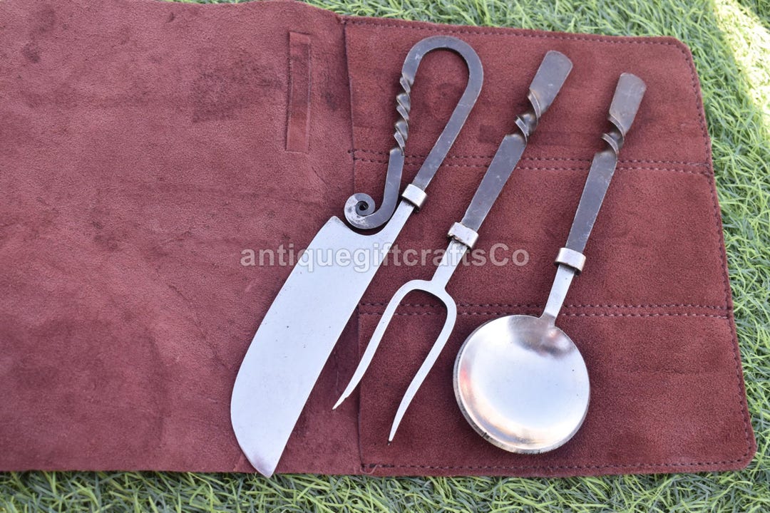 Hand-forged Medieval Cutlery Set With Suede Pouch | Viking-style ...
