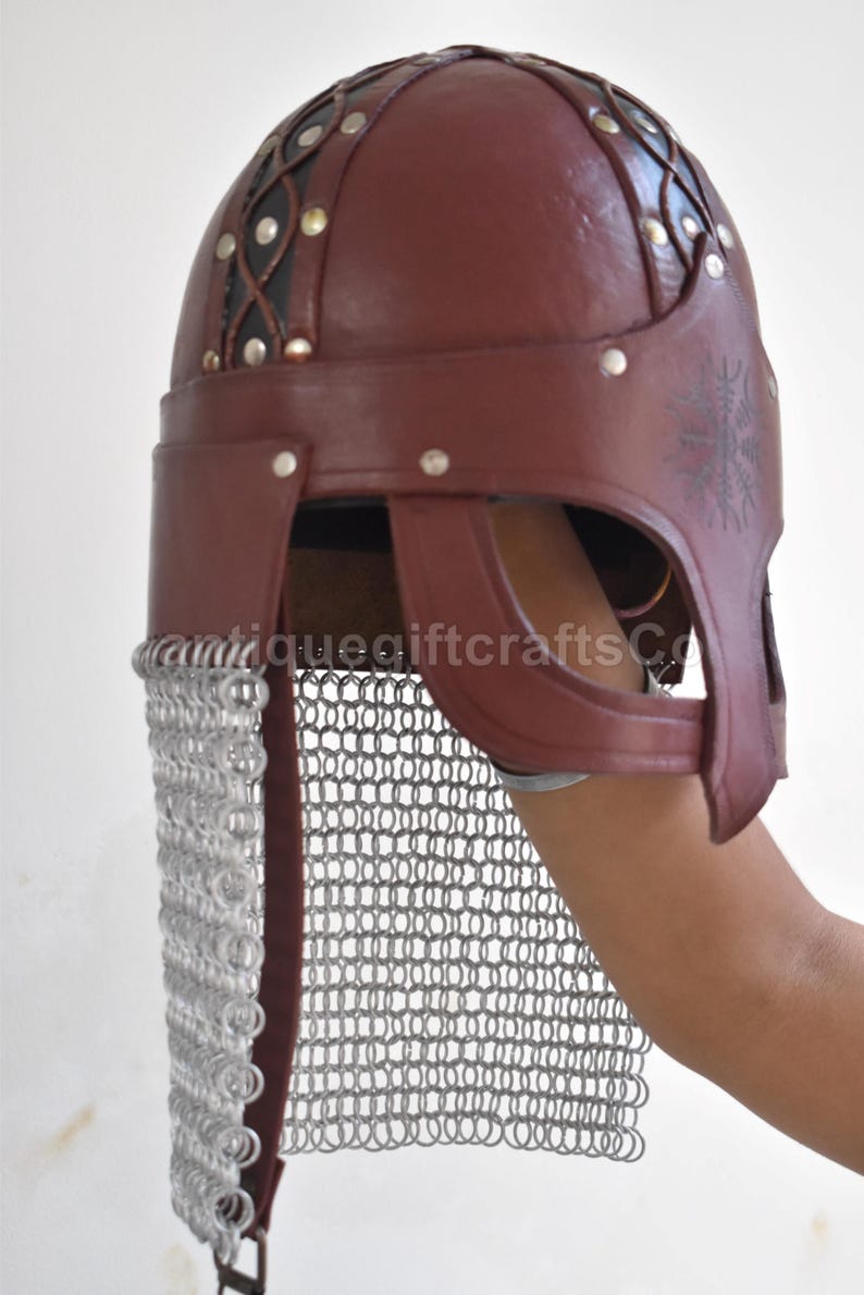 Handcrafted Viking Leather Helmet With Chainmail – Norse-style ...