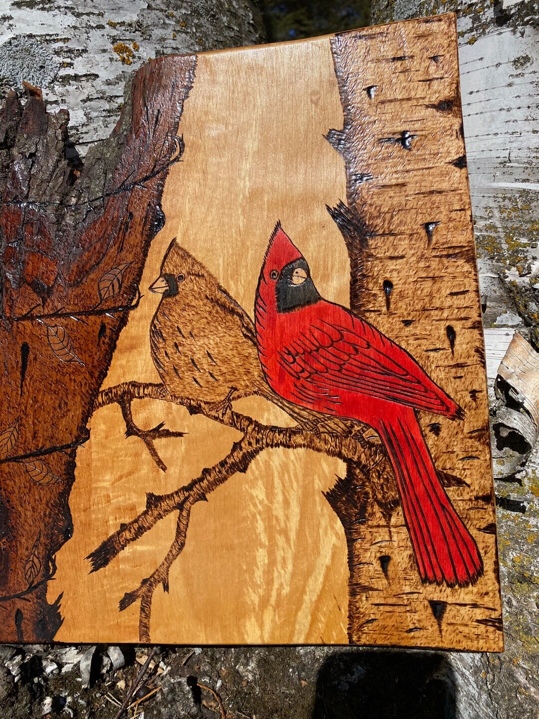 Pair of Cardinals by Birch Tree - Wood Burning - Etsy