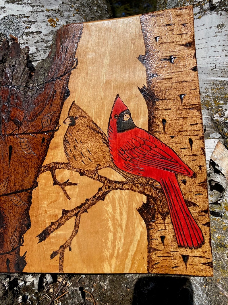 Pair of Cardinals by Birch Tree - Wood Burning - Etsy