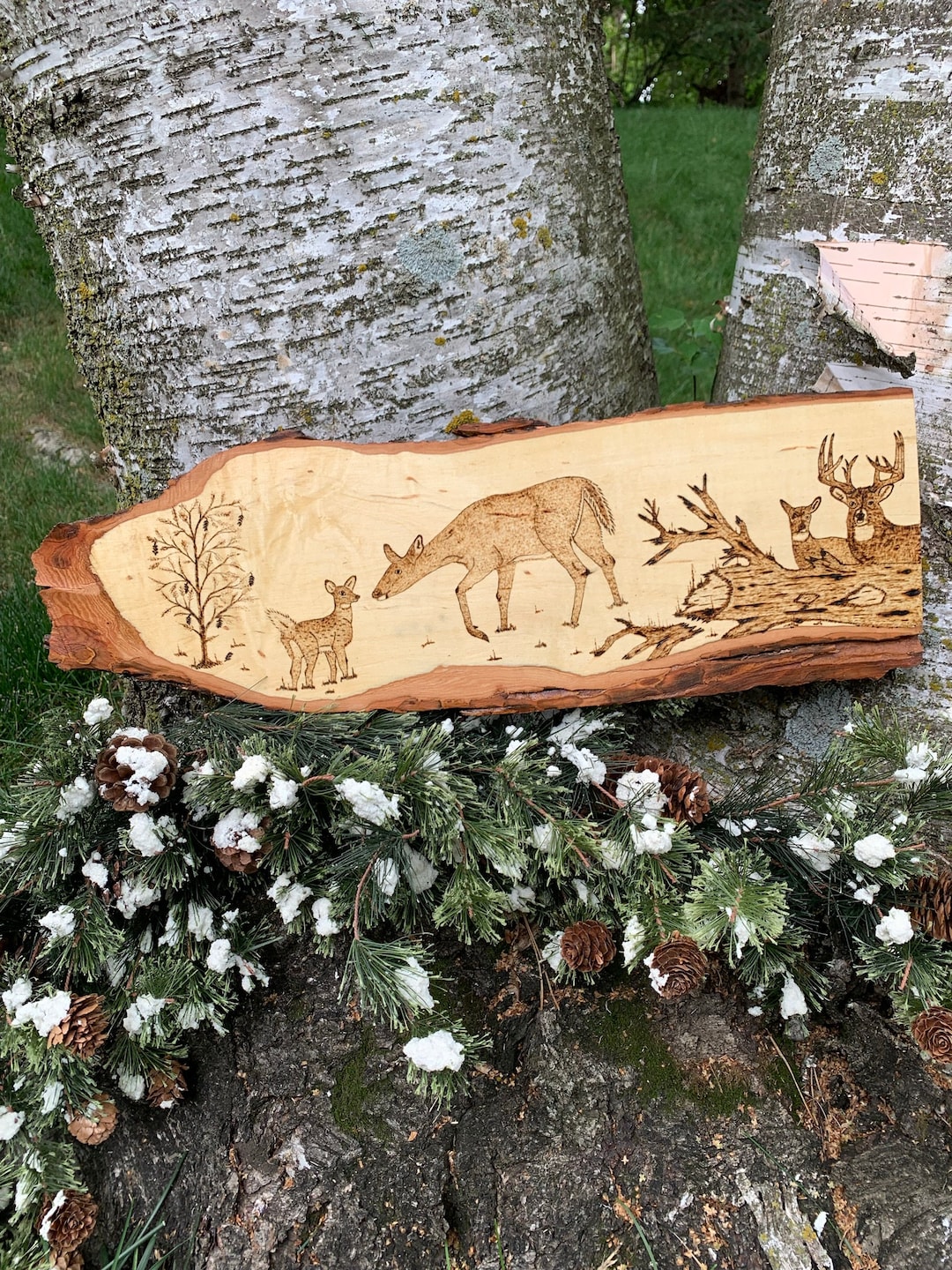 Deer With Fawn, Buck and Doe Behind Log - Wood Burning - Etsy