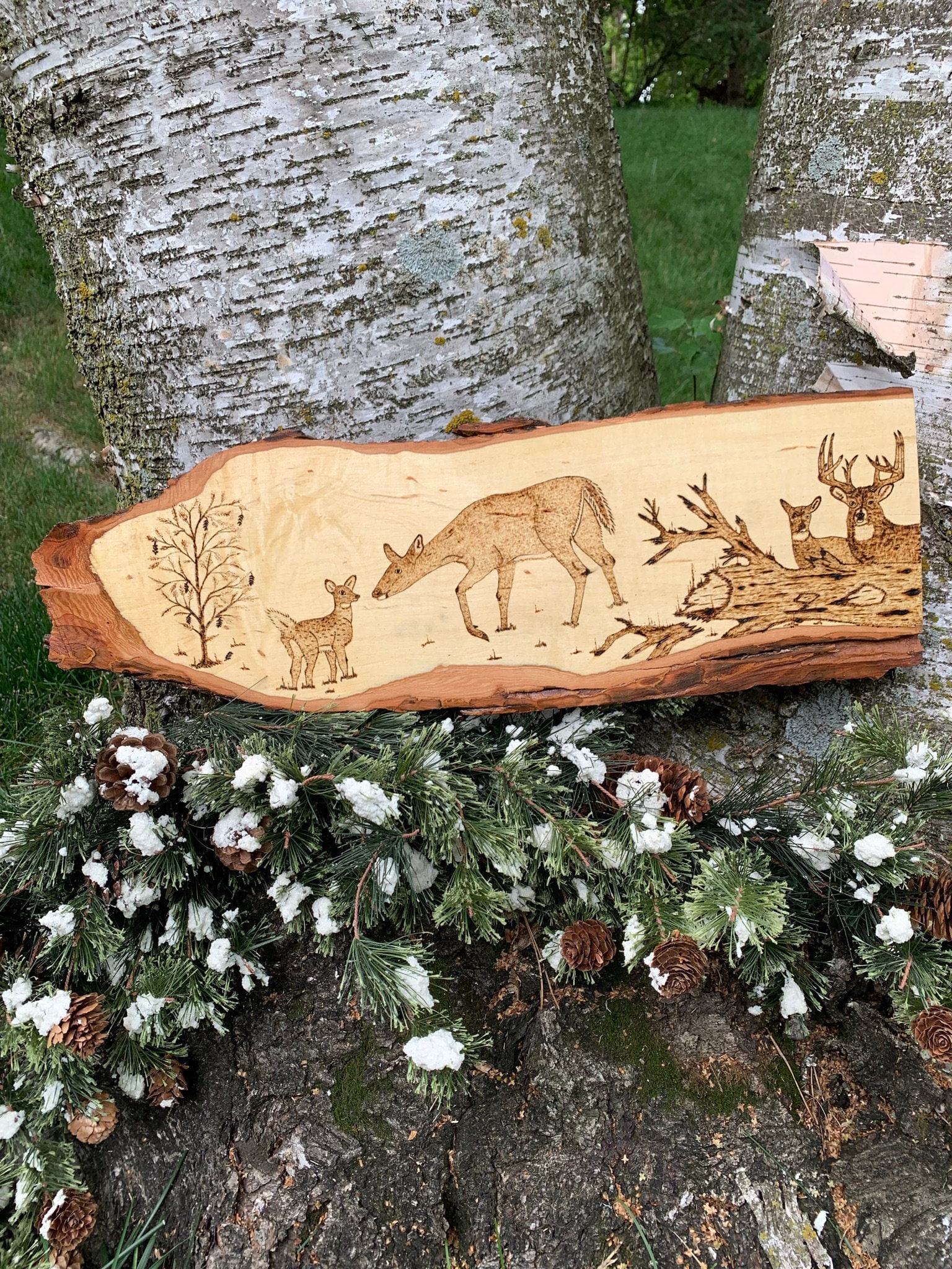 Deer With Fawn, Buck and Doe Behind Log - Wood Burning - Etsy