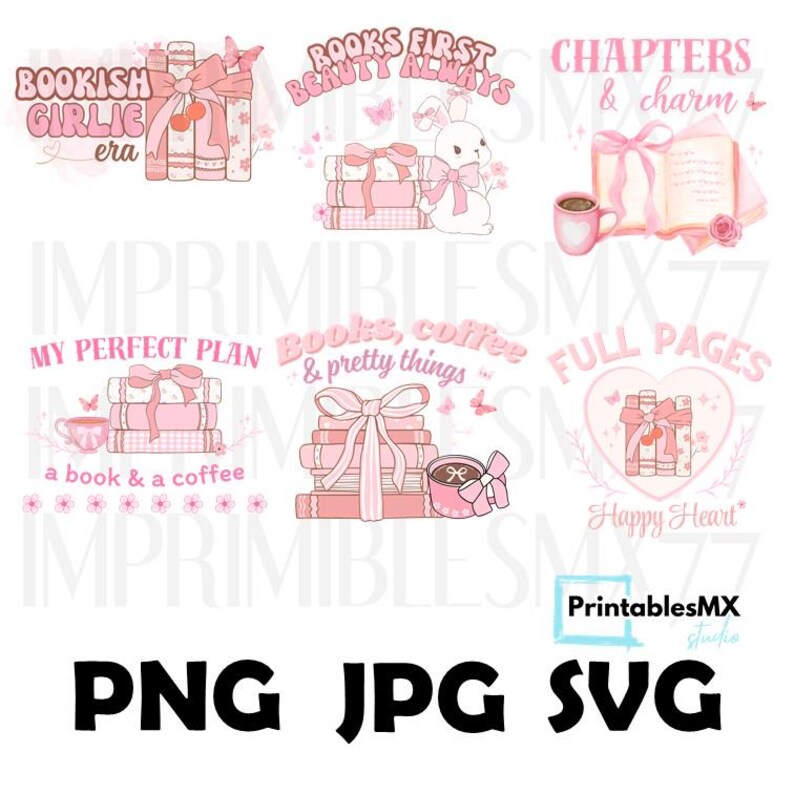 Coquette Book Lover Bundle | 6 Designs | PNG, SVG, JPG | Instant ...