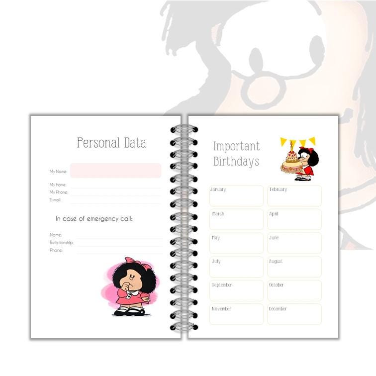 Mafalda Printable Perpetual Agenda PDF English Language Editable Cover ...
