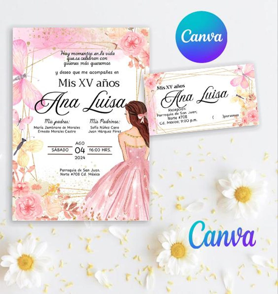 Invitación Digital Editable XV Años Rosa y Oro Pase de Invitado Canva ...