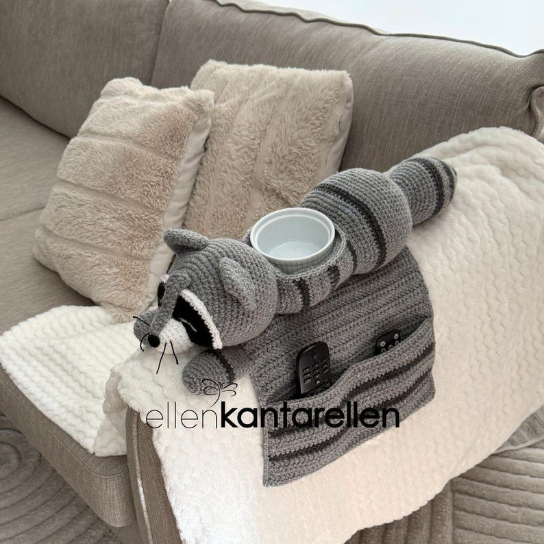 Crochet Pattern Raccoon Sofa Organizer, Arm Rest Organizer, Couch Caddy ...
