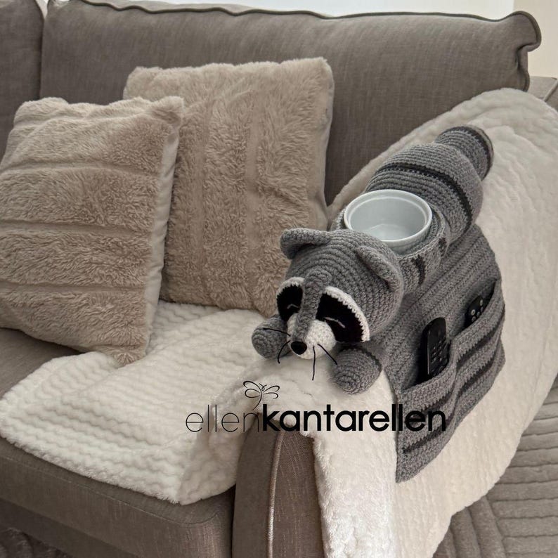 Crochet Pattern Raccoon Sofa Organizer, Arm Rest Organizer, Couch Caddy ...