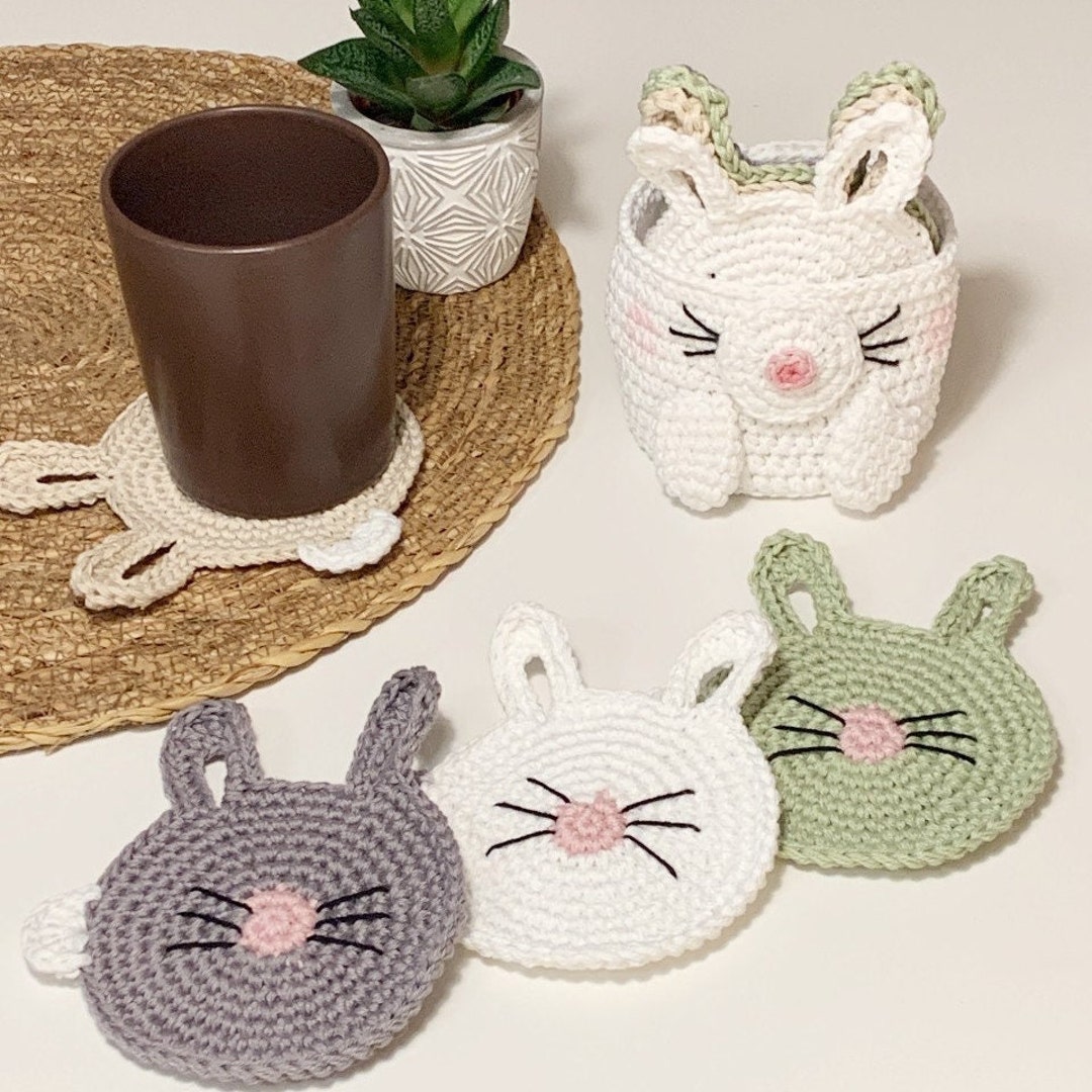 Crochet Pattern Cute Bunny Coasters for Easter With Basket, English (US ...
