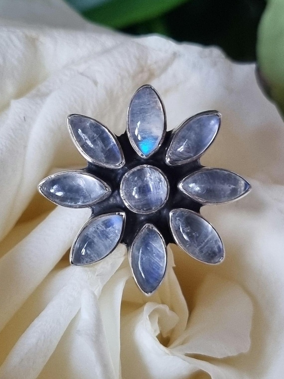 Large Sterling Silver Moonstone Star Flower Ring Indi… - Gem
