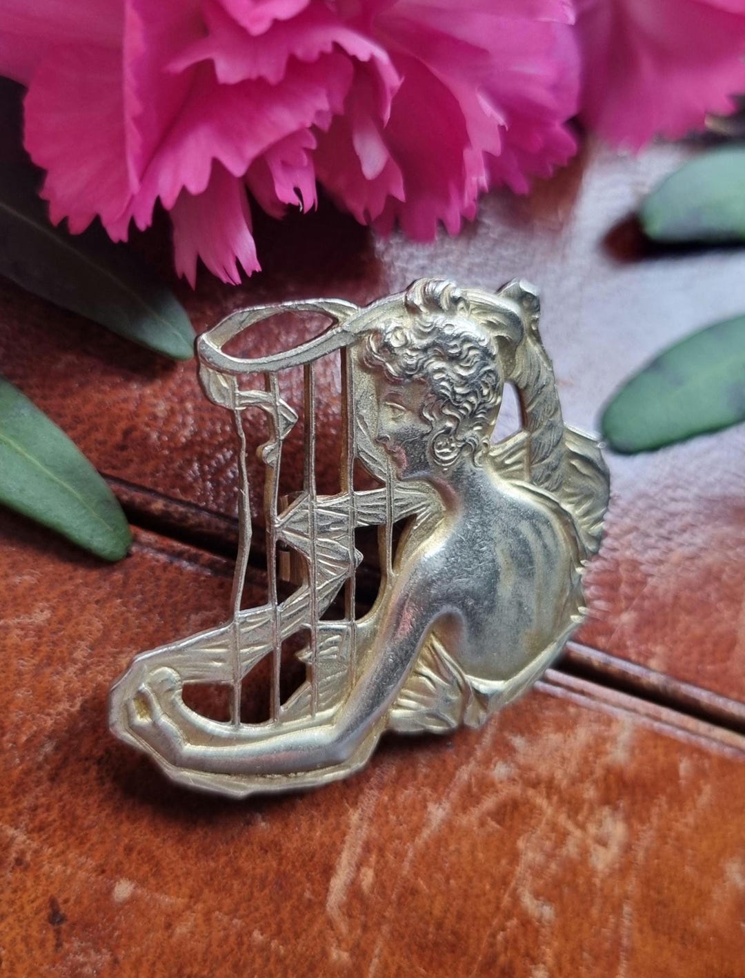 Antique Art Nouveau Lady Playing Harp With Swan Wings and Feathers Gold ...