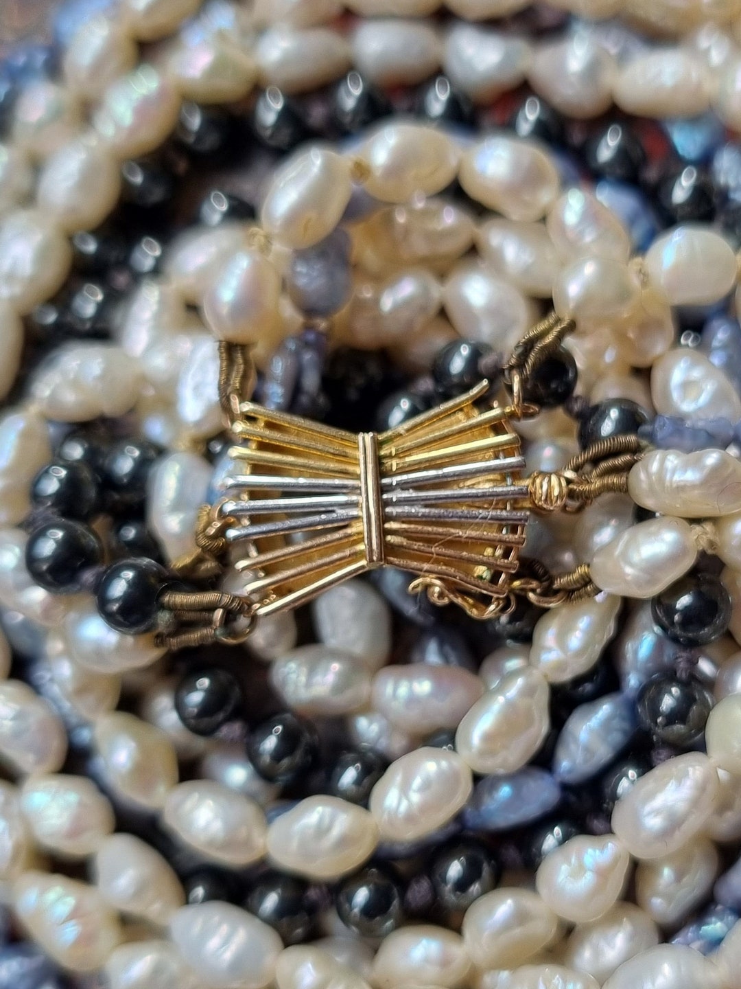 Vintage 5 Strand Pearl and Hemetite Bead Necklace With 14ct Tri Colour ...