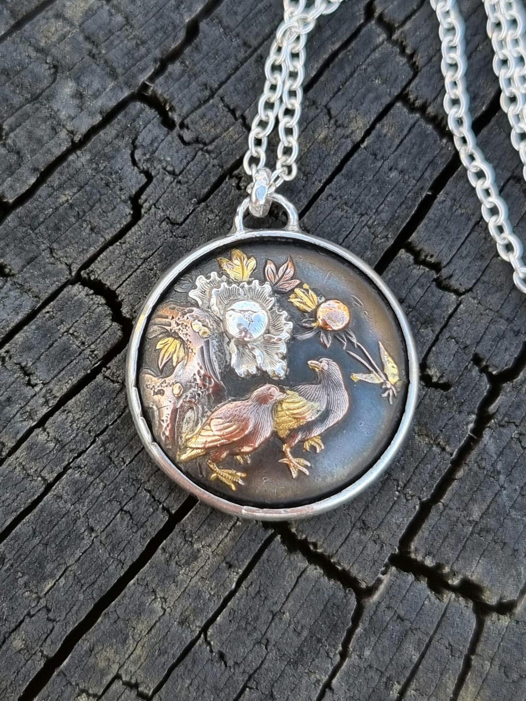 Antique Japanese Shakudo Mixed Metal Copper Silver Gold Bird Peony Tree ...