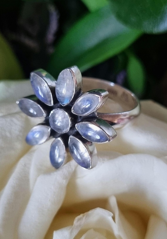 Large Sterling Silver Moonstone Star Flower Ring Indi… - Gem