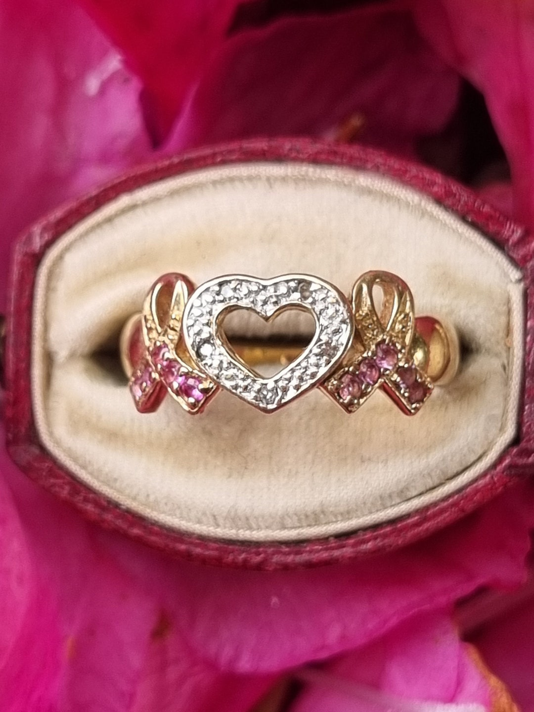 9ct Gold Diamond Heart and Ruby Ribbon Breast Cancer Awareness Ring - Etsy