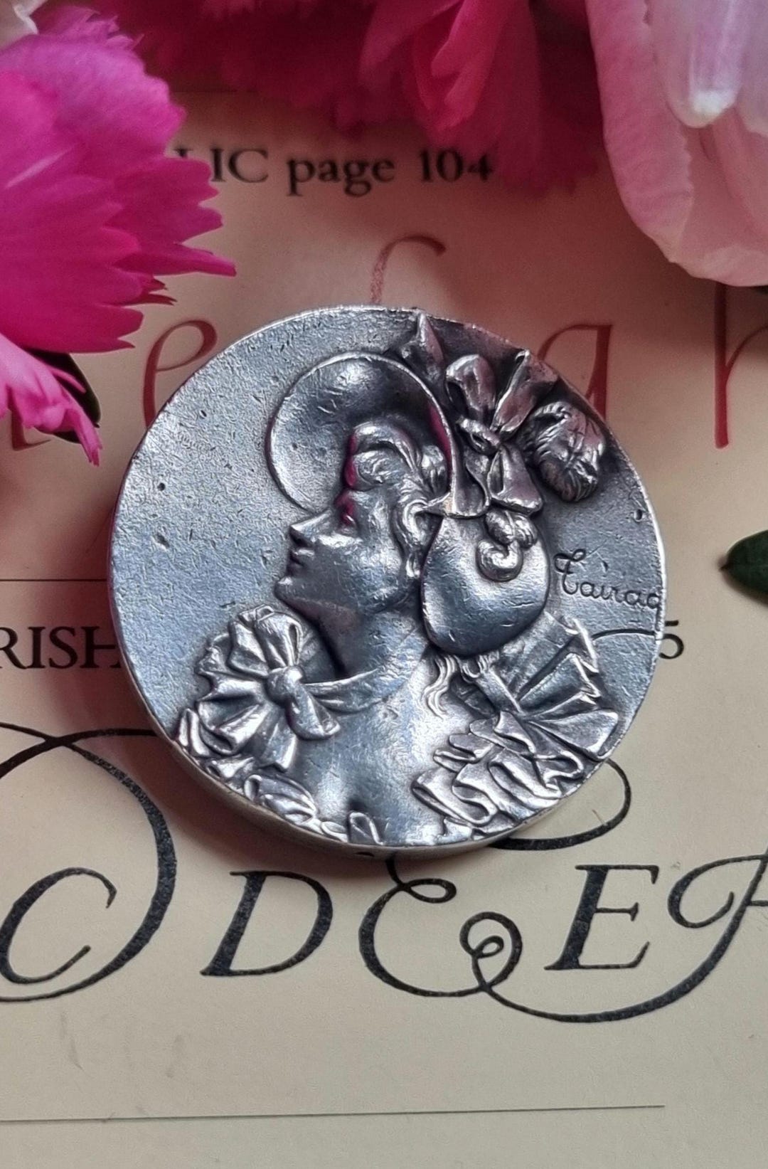 Antique French Signed Art Nouveau Silver Plated Lady in Bonnet Feathers ...
