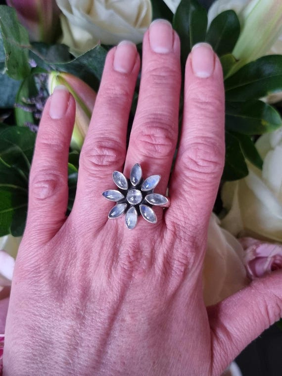 Large Sterling Silver Moonstone Star Flower Ring Indi… - Gem