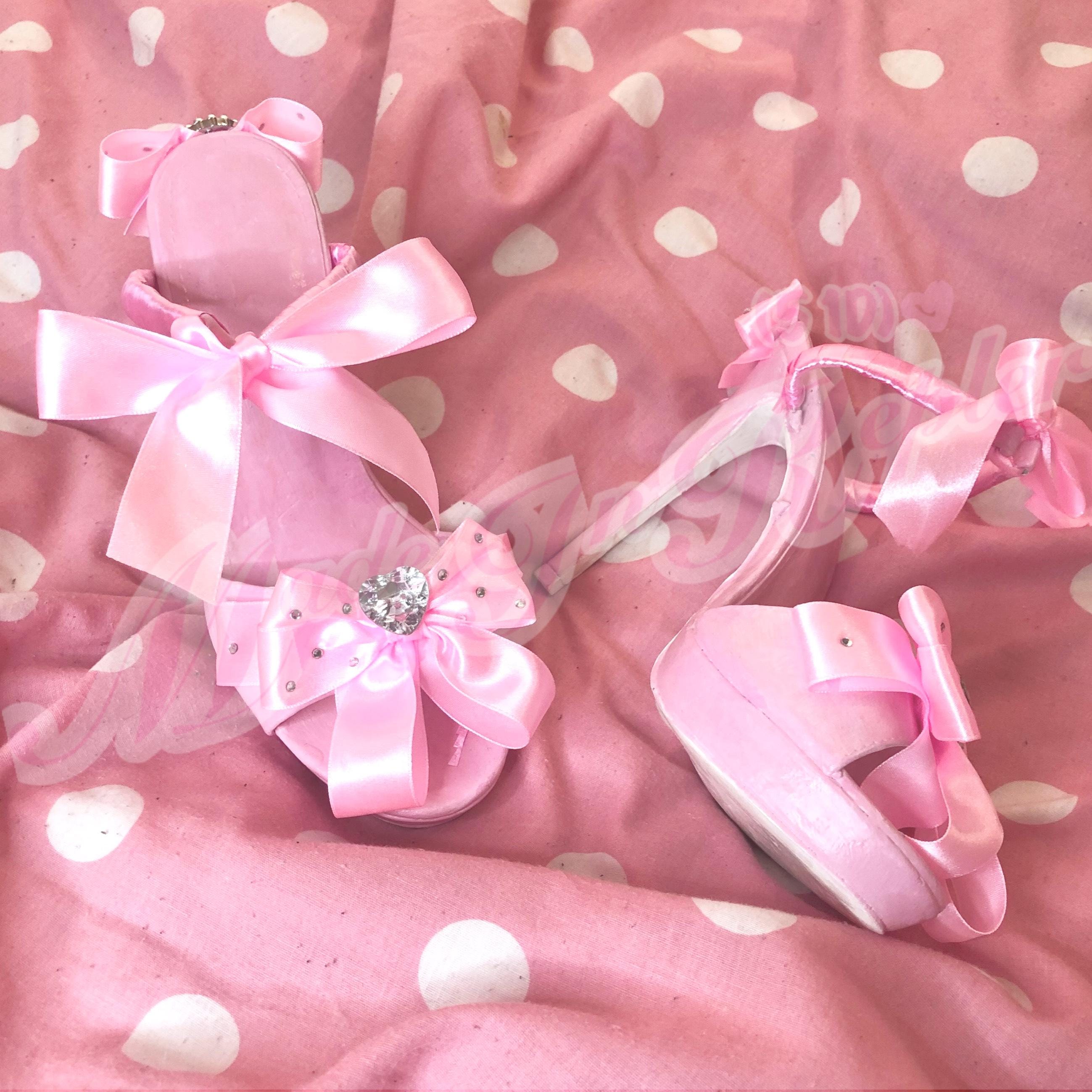Pink Parfait Hime Gyaru Pink Bow Lace up Heels With Ribbons and ...