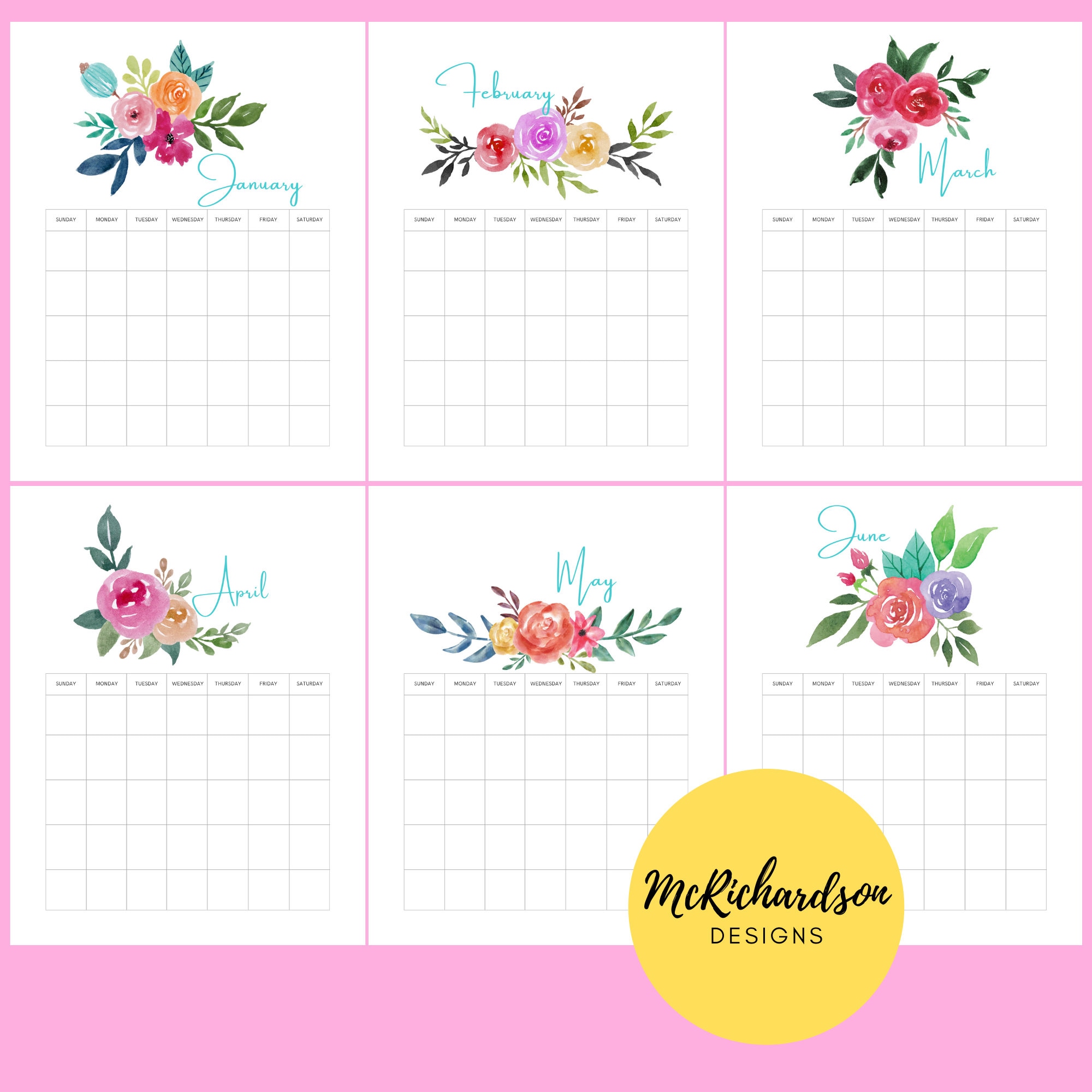 Blank Printable Calendar With Watercolor Flowers - Etsy