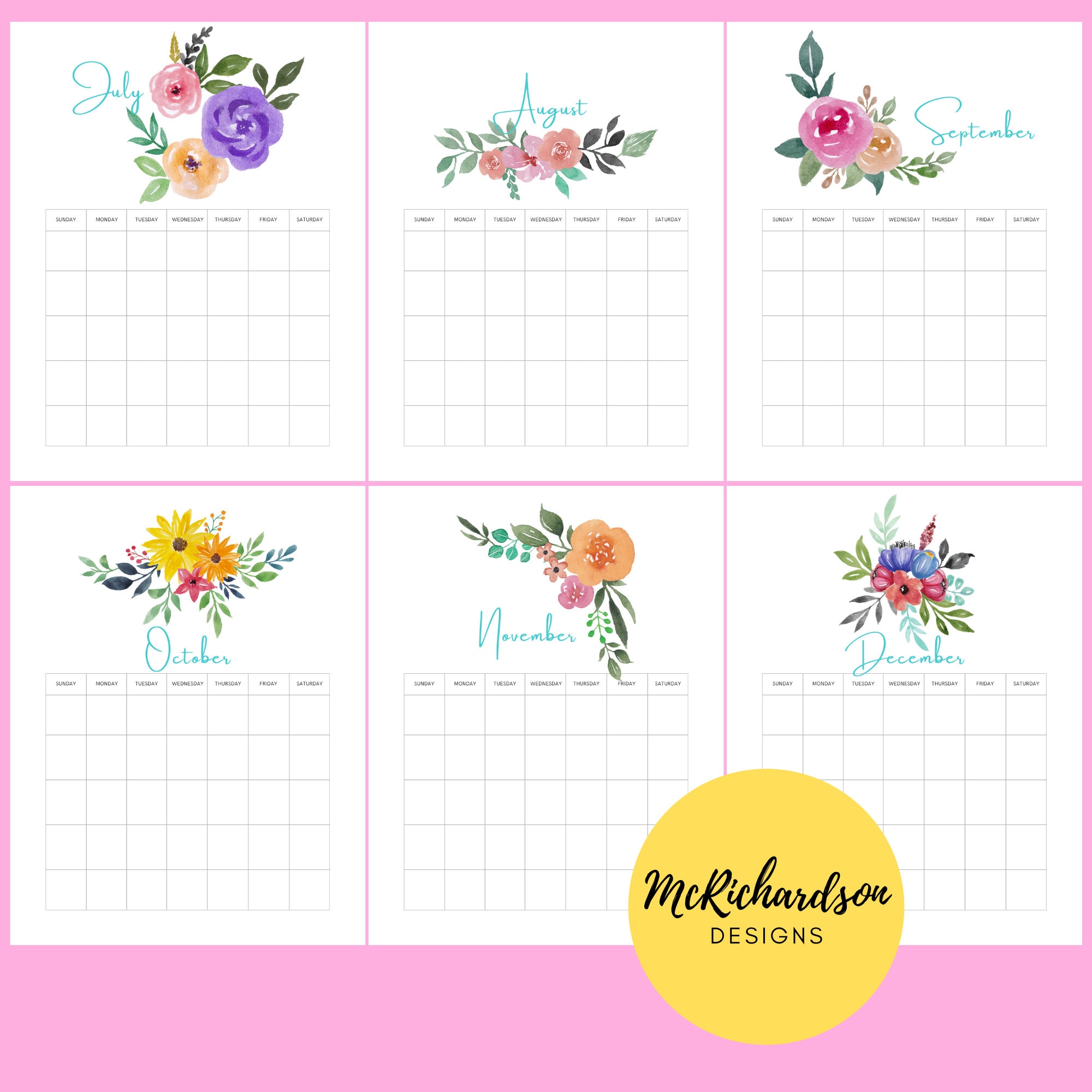 Blank Printable Calendar With Watercolor Flowers - Etsy