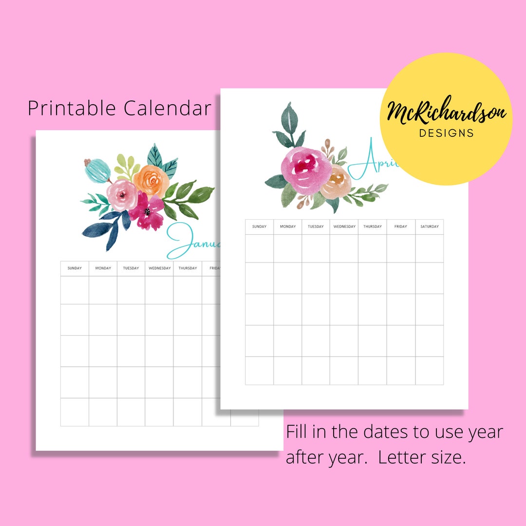 Blank Printable Calendar With Watercolor Flowers - Etsy