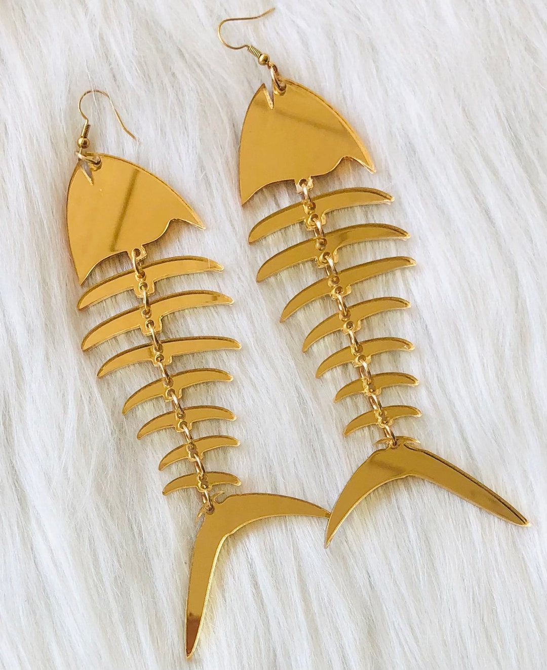 Fish Bone Earrings, Fish Skeleton Earrings Dangles, Gold Mirror Acrylic ...