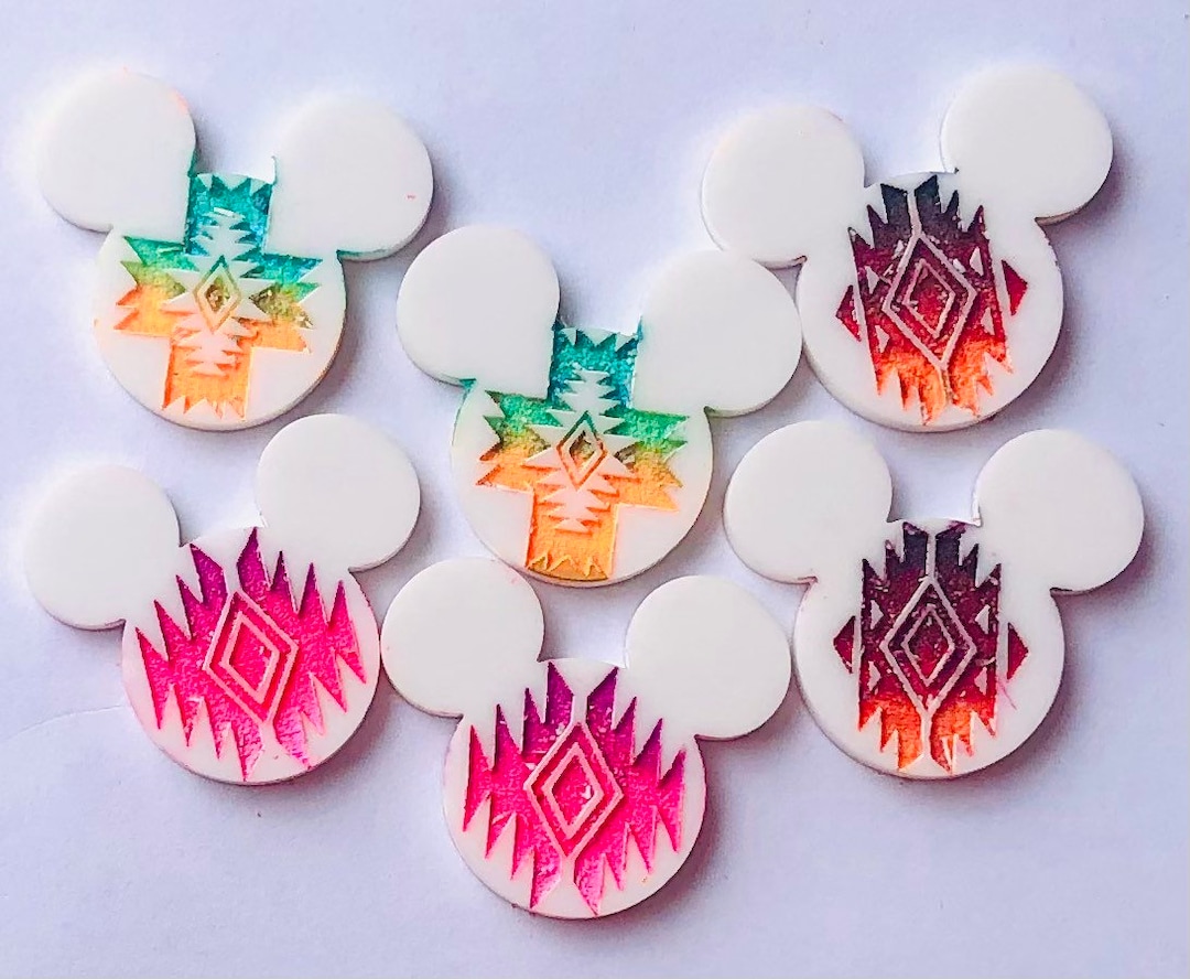 Mickey Mouse Aztec Cabs, Acrylic White Cabochons, Engraved Design and ...