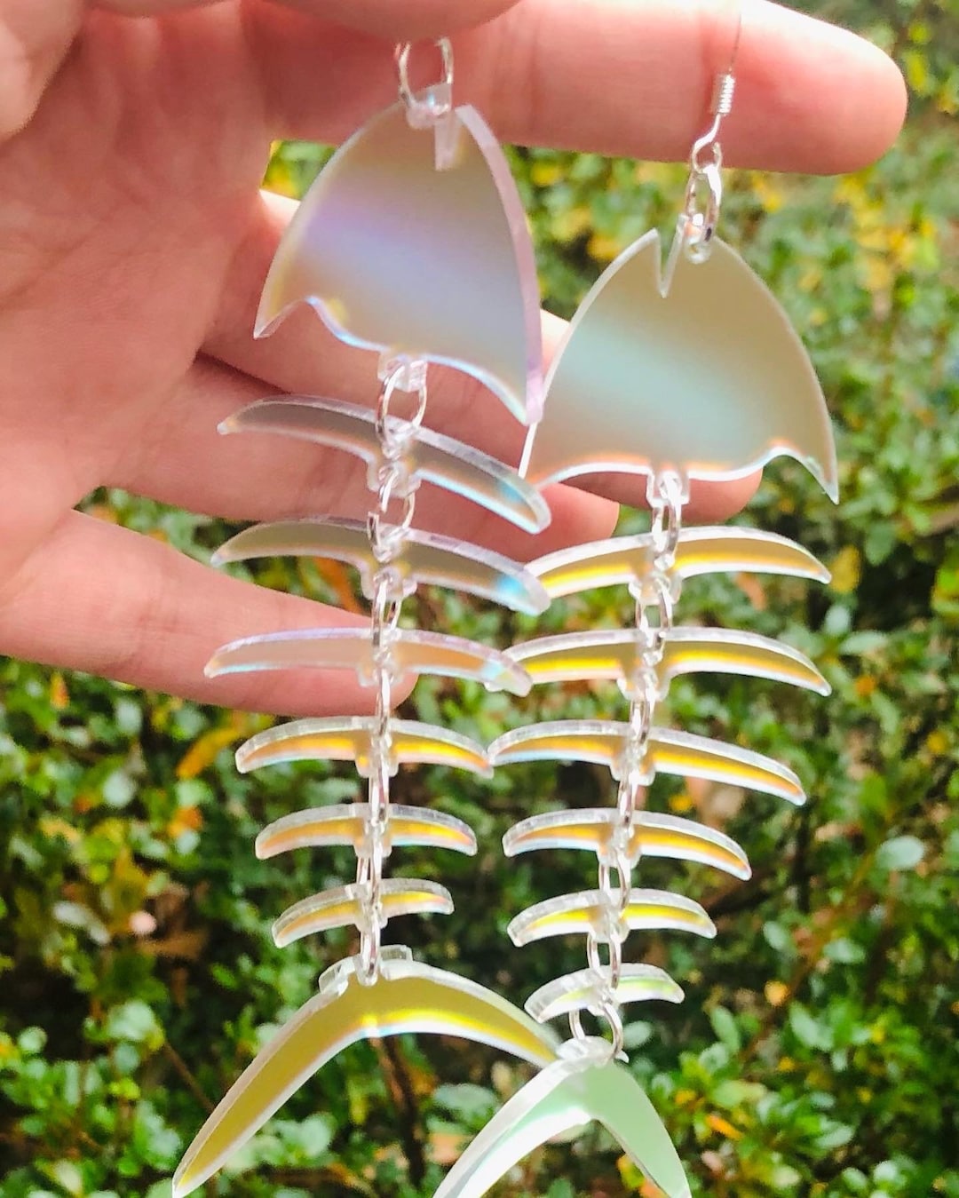 Fish Bone Dangle Earrings, Fish Skeleton, Iridescent Acrylic, Dangles ...