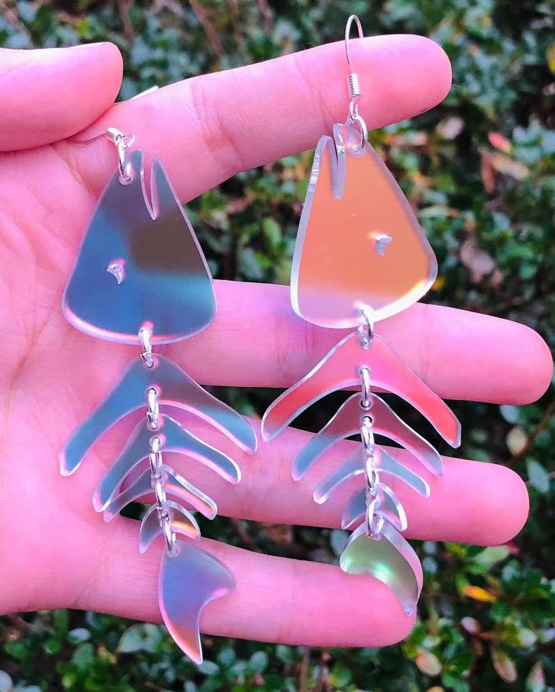 Fish Bone Dangle Earrings, Fish Skeleton, Iridescent Acrylic, Dangles ...