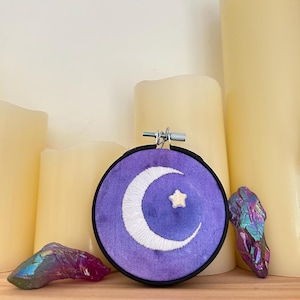 Hand-embroidered 3-inch Crescent Moon Hoop With Glow-in-the-dark Thread ...
