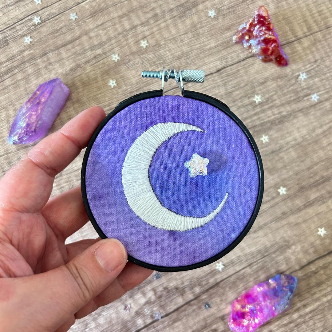 Hand-embroidered 3-inch Crescent Moon Hoop With Glow-in-the-dark Thread ...